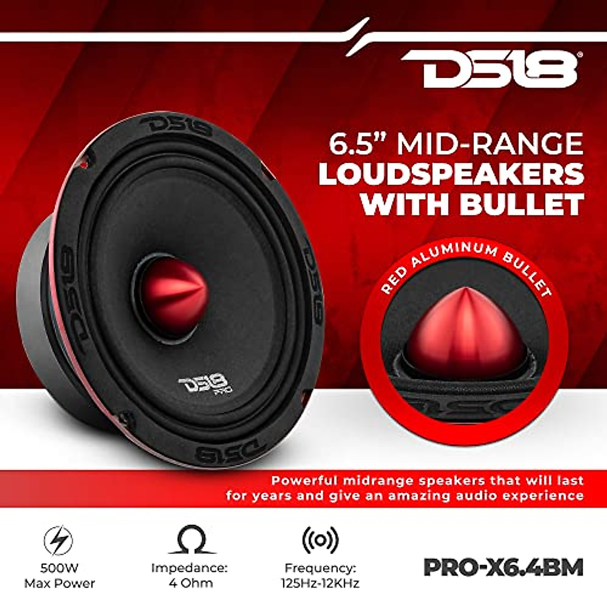 DS18 PRO-X6.4BM Loudspeaker - 6.5", Midrange, Red Aluminum Bullet, 500W Max, 250W RMS, 4 Ohms - Premium Quality Audio Door Speakers for Car or Truck Stereo Sound System (1 Speaker)