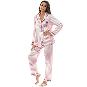 Escalier Womens 5pcs Silk Satin Pajama Set Cami Pjs Sleepwear Button Down Pj Sets Loungewear Pink