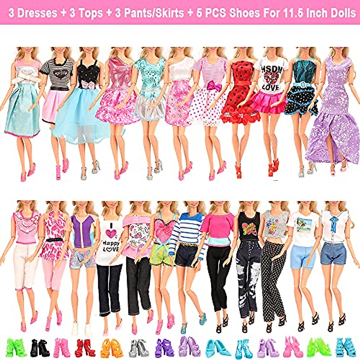 Miunana Lot 21 pcs Random Doll Clothes Shoes Set for 11.5 inch Doll, Includ 6 PCS Boy Clothes + 3 Girl Clothes + 3 Girl Fashion Skirts + 4 Pairs for Boy Shoes + 5 Pairs of Girl Doll Shoes