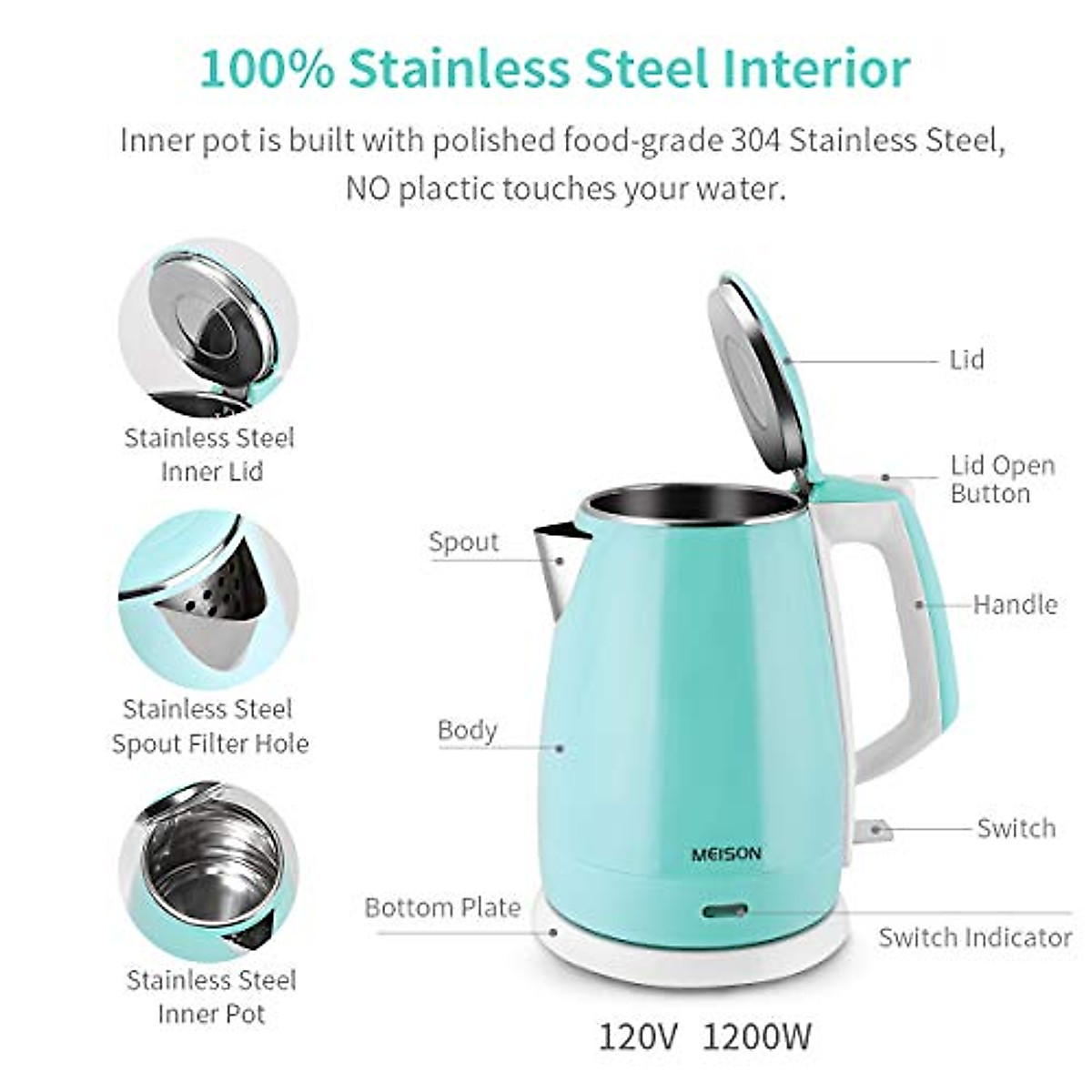 MEISON Electric Kettles Stainless Steel Interior, Double Wall Hot Water Boiler Heater, Cool Touch Electric Teapot Heater Kettle, Auto Shut-Off and Boil-Dry Protection, Cordless, 1.5L, 2 Year Warranty (1.5L)