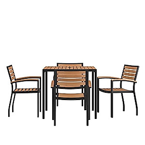 Flash Furniture 5 Piece Outdoor Dining Table Set - Synthetic Teak Poly Slats - 35" Square Steel Framed Table with Umbrella Holder Hole - 4 Stackable Club Chairs