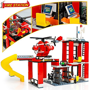 WishaLife City Fire Station Toy Building Set, with Fire Rescue Transport Truck Toy, Helicopter, Pretend Play Toy Gift Idea for Kids Boys Girls Age 6+