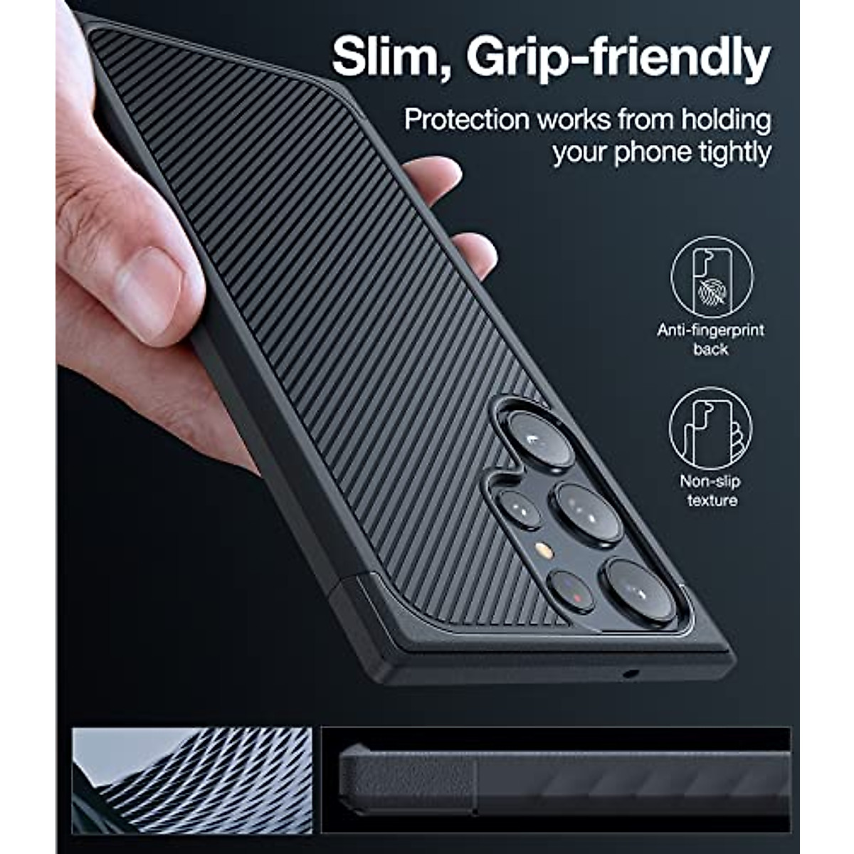 TORRAS Samsung Galaxy S23 Ultra Non-Slip Grip Case - Military Grade, Slim, Shockproof, Anti-Fingerprint, Matte Black