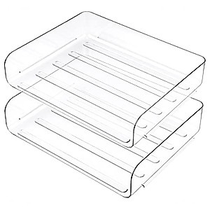 Tomorotec Desk Letter Tray Set, A4 Size Clear PET Stackable Document Organizer Office Desktop File Paper Holder Book Storage Rack Side Load Anti-Skid Stacking Support Convex Bottom (2X Landscape)