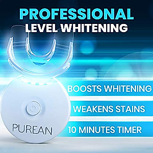 Purean Teeth Whitening Kit with LED Light – 2 Syringes of 5ml Professional 35% Carbamide Peroxide Tooth Whitener Gel – Bright White Smile Set with Mouth Tray