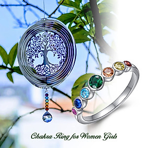 AOBOCO Chakra Ring 925 Sterling Silver 7 Chakra Colorful Rainbow Ring Healing Crystals Jewelry Birthday Gifts for Women, Size 9