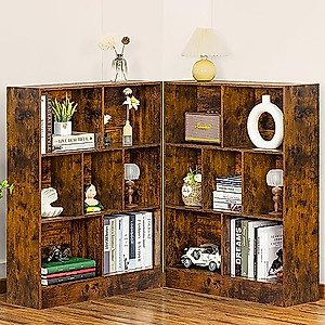 LEYAOYAO 7 Cube Bookshelf with Base,3 Tier Mid-Century Modern Brown Bookcase,Standing Wide Bookshelves Storage Organizer Shelf,Rustic Wood Display Cabinet Book Shelves for Bedroom,Living Room,Office