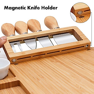 Aoibox Bamboo Cheese Board Set 14.17"*11"*0.8", Charcuterie Platter and Serving Meat Board Including 4 Stainless Steel Knife, Cheese Tray, Yankee Swap Gifts