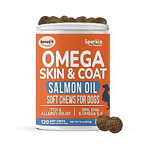 Omega 3 for Dogs - Skin & Coat Soft Chews for Dogs - Salmon Oil, EPA & DHA Fatty Acids - Itch Relief, Hot Spots, Shedding, Allergies & Hot Spot Relief - 120 Soft Chews, Made in USA