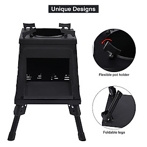 Lineslife Wood Burning Camp Stove, Portable Cast Iron Camping Wood Stove, Black Woodstove with Carrying Case for Backpacking Outdoor Cooking, Large