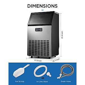 ADT Ice Machine Stainless Steel Under Counter Freestanding Commercial Ice Maker Machine (ZB-99LBS, Single-Water Inlet, 17.7 x 15.72 x 31.5 inches, 99.00, 1, 1)