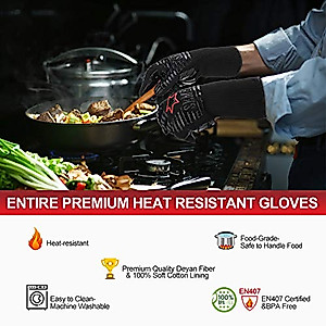 932℉ Extreme Heat Resistant Gloves, Silicone Oven Mitts for Kitchen - High Heat BBQ Gloves for Grilling, Large Oven Gloves for Men, Long Grill Gloves for Cooking, Grilling Mitts (Black, Normal)
