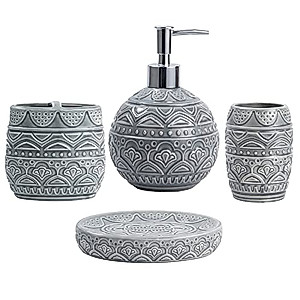 RXLVCKY Grey Bathroom Accessories Set, 5-Piece Ceramic Gift Set, Include Toothbrush Holder, Toothbrush Cup, soap Dispenser, soap Dish, Trash can