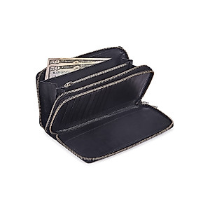 Zinda Genuine Leathers Women’s Wallet Purse Long Double Zip Around RFID Protection (Black)