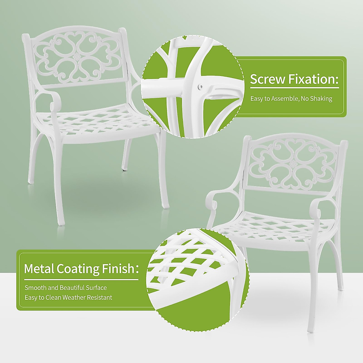 PATIO-IN Outdoor Patio Chairs Set of 2 Metal Patio Bistro Dining Chairs with Armrests,Cast Aluminum Patio Furniture Bistro Chairs for Porch,Poolside,White