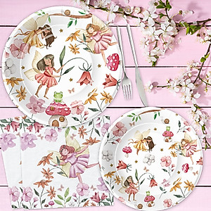 Xigejob Fairy Party Decorations Tableware, Fairy Birthday Party Supplies, Plate, Napkin, Tablecloth, Fork, Flower Fairies Enchanted Forest Garden Birthday Baby Shower Decorations Dinnerware | Serve 24