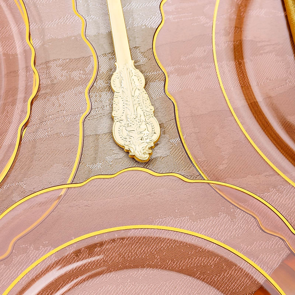 KIRE 210Pcs Clear Pink Plastic Plates with Gold Rim& Disposable Gold Plastic Silverware &Pink Cups&Hand Napkin- Plum Colored Plastic Dinnerware for Upscale Wedding & Mothers Day & Easter