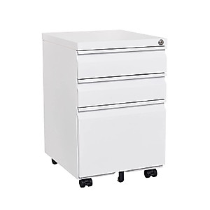 SumKea 17.71'' Rolling 3-Drawer Mobile Lock, Office Storage, Pre-Assembled Metal File Cabinet Except Wheels Under Desk, White