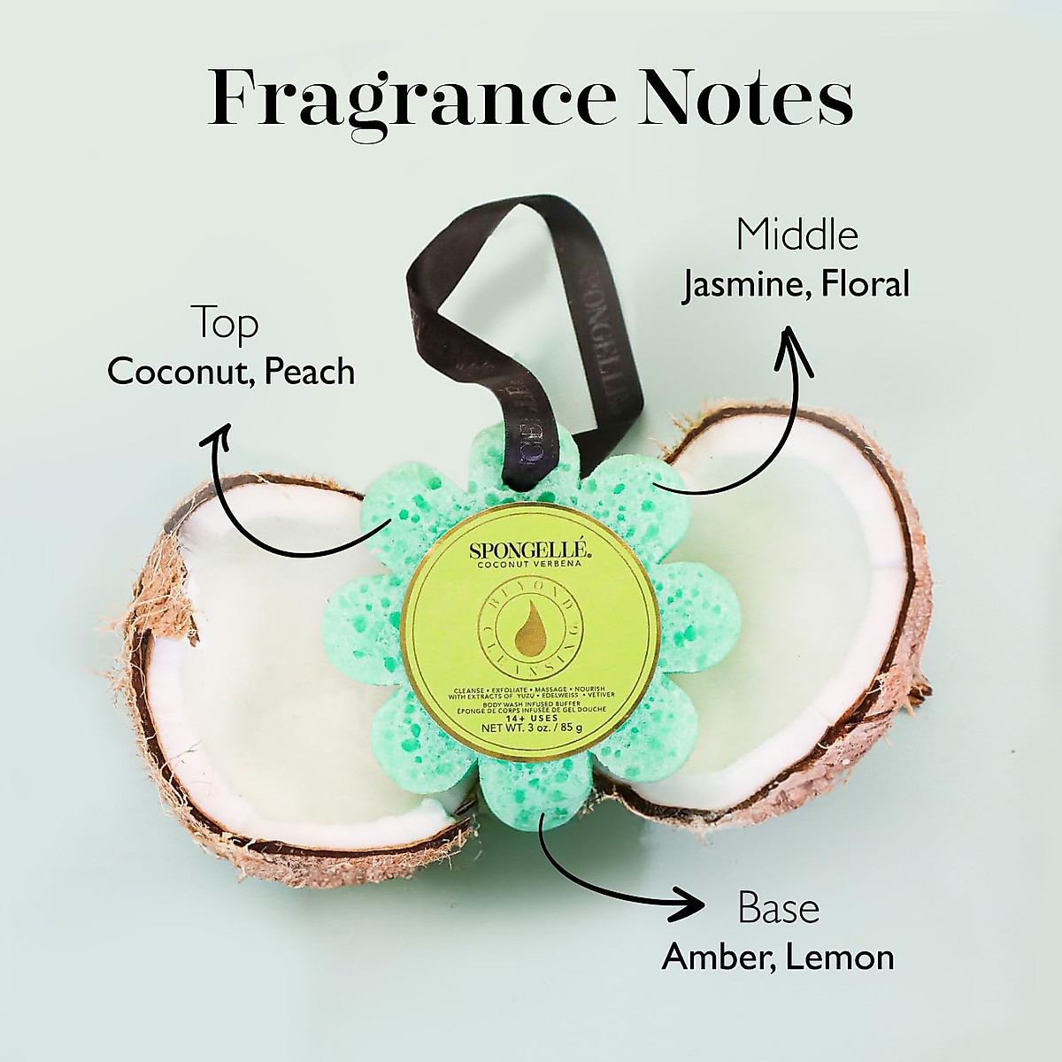 Spongelle Coconut Verbena Wild Flower Buffer Body Scrubber | Bath & Shower Loofah for Women | Exfoliator with Body Wash Infused Sponge | 14+ uses