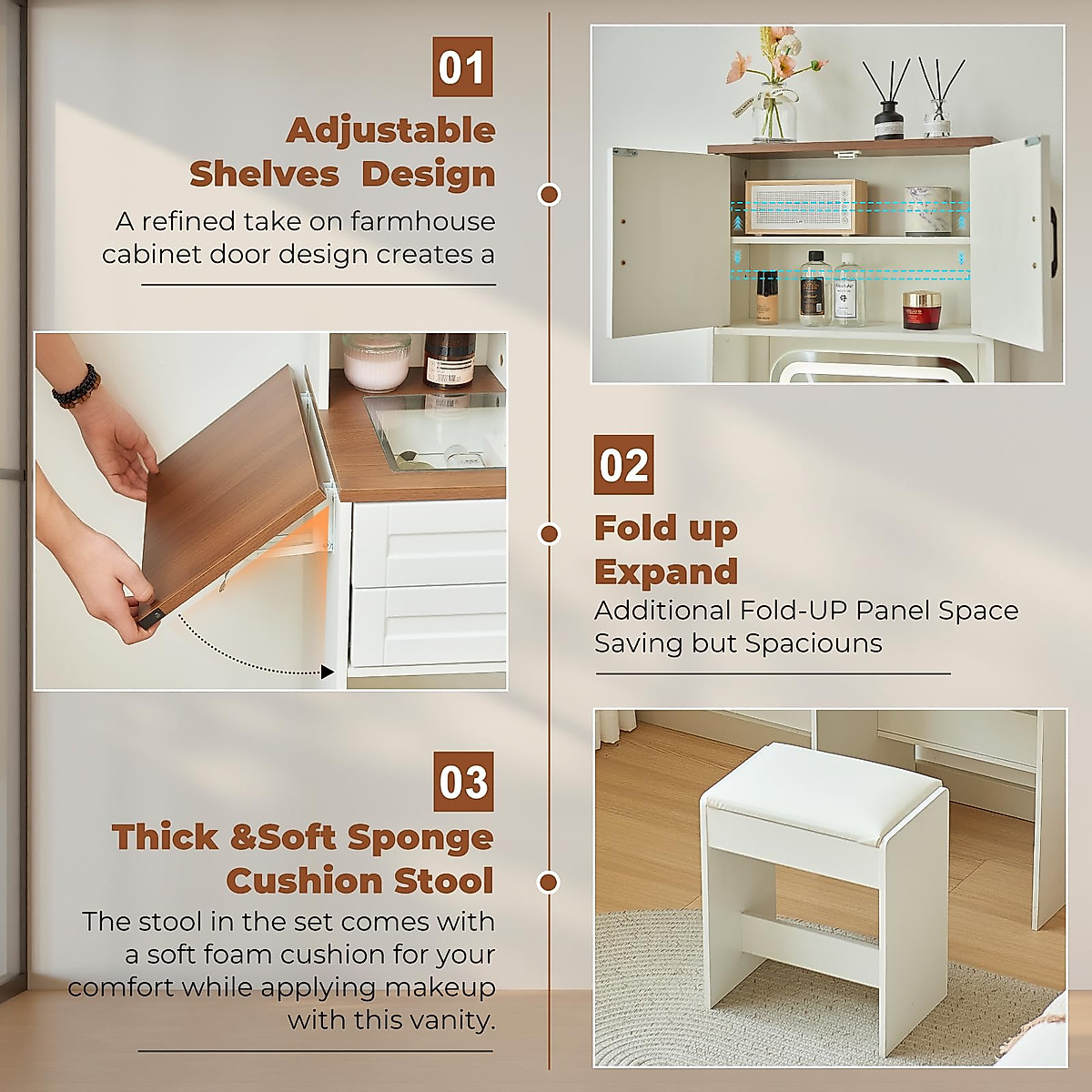 JanflyHome Small Vanity Desk with Mirror and Lights-Farmhouse Compact Makeup Vanity Table with Glass Tabletop & Drawers, 62.39'' Dressing Table with Fold-up Panel for Small Space & Bedroom, White