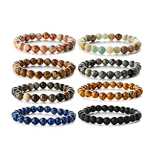 Fiqozev 8Pcs Natural Beads Healing Gemstone Bracelet, 8mm Semi Precious Stone Bracelet for Men Women, Stress Relief Crystal Jewelry