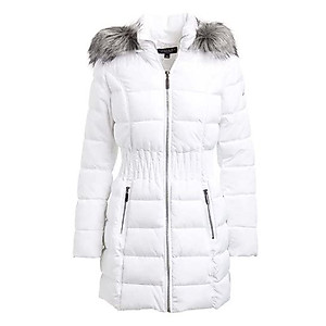 LAUNDRY BY SHELLI SEGAL Women's 3/4 Length Windproof Down Coat with Cinched Waist, Real White, Medium