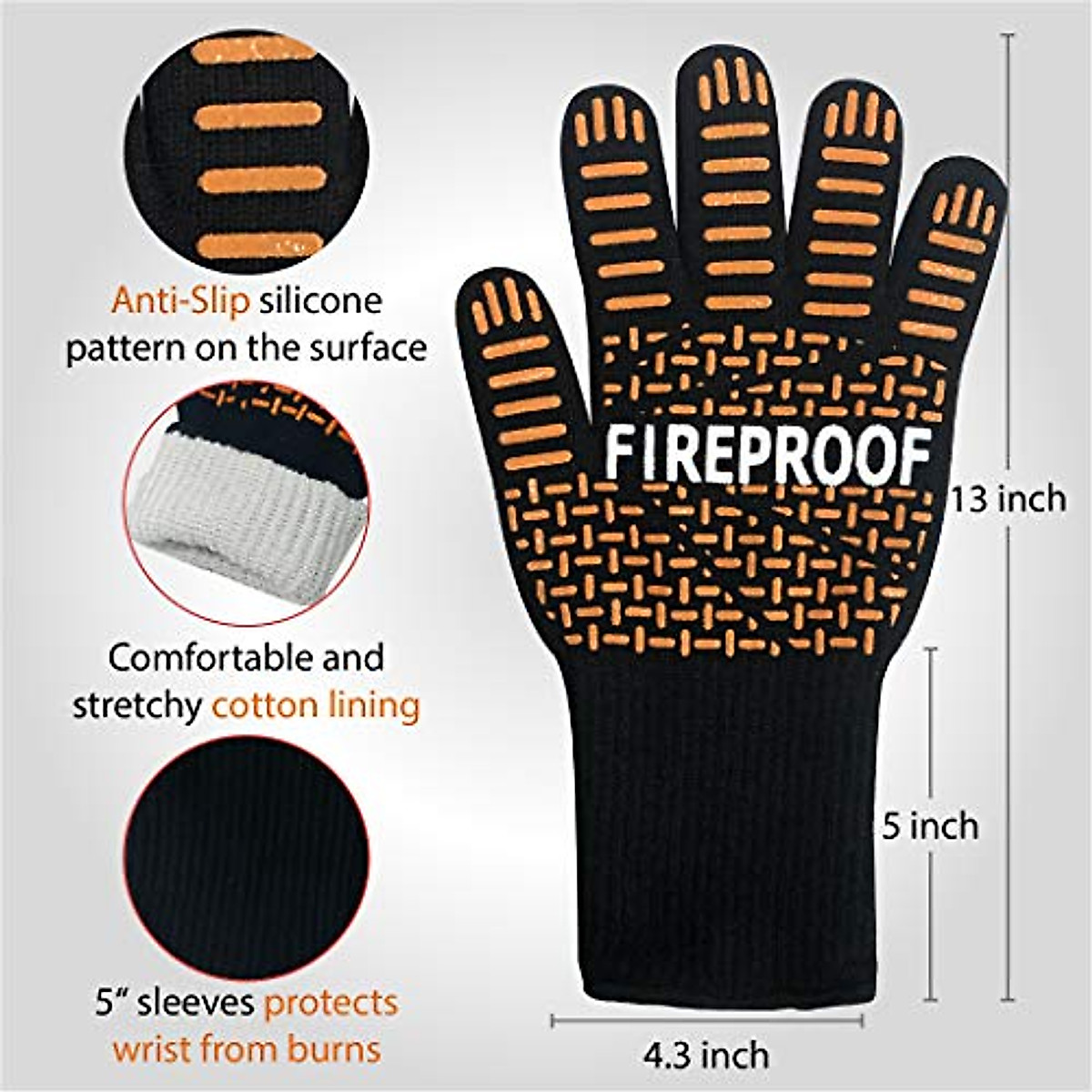 Sonemone BBQ Gloves 1472°F Extreme Heat Resistant Grilling Gloves, Silicone Non-Slip Oven Gloves for Indoor/Outdoor Cooking, Barbecue, Cutting, Frying, Baking,1 Pair (Black & Orange)