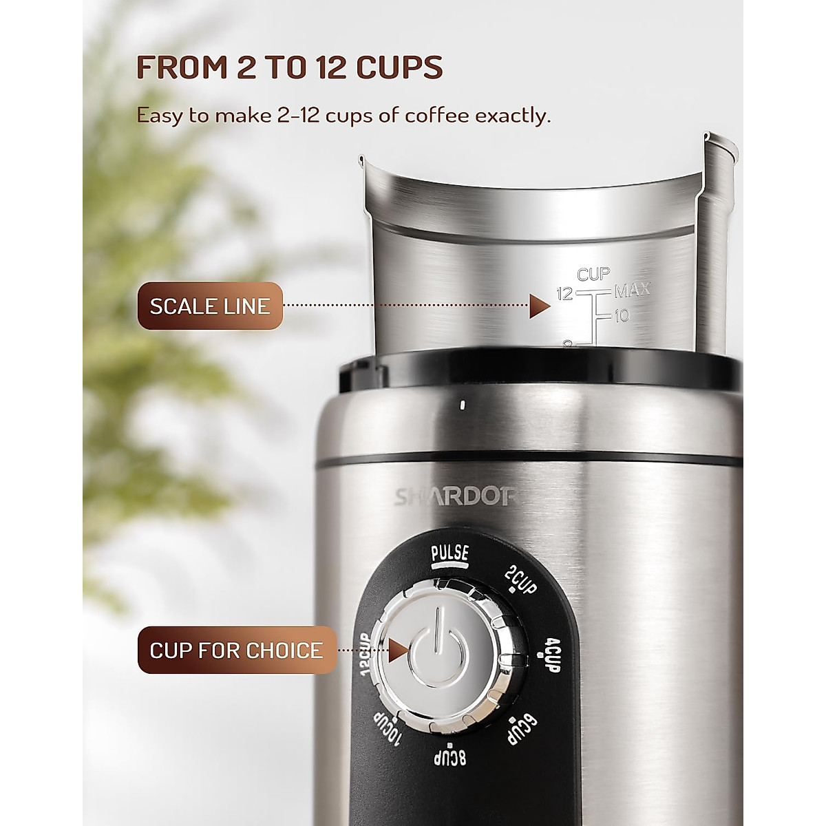 SHARDOR Adjustable 12 Cup Coffee Grinder Electric with 3 Grinding Settings, Stainless Steel Coffee Bean Grinder for Spice Nut Herb, Espresso Grinder with 1 Removable Stainless Steel Cup