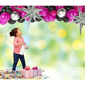 Visondeco Hot pink balloon garland kit - 112pcs Hot Pink Balloons with Black and Silver Balloons, Silver Explosion Star Foil Balloons, Metallic Silver Balloons, Pink and Silver Black Balloons