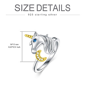 LONAGO Unicorn Ring with Moon Sterling Silver Unicorn Stacking Ring for Women (silver, 7)