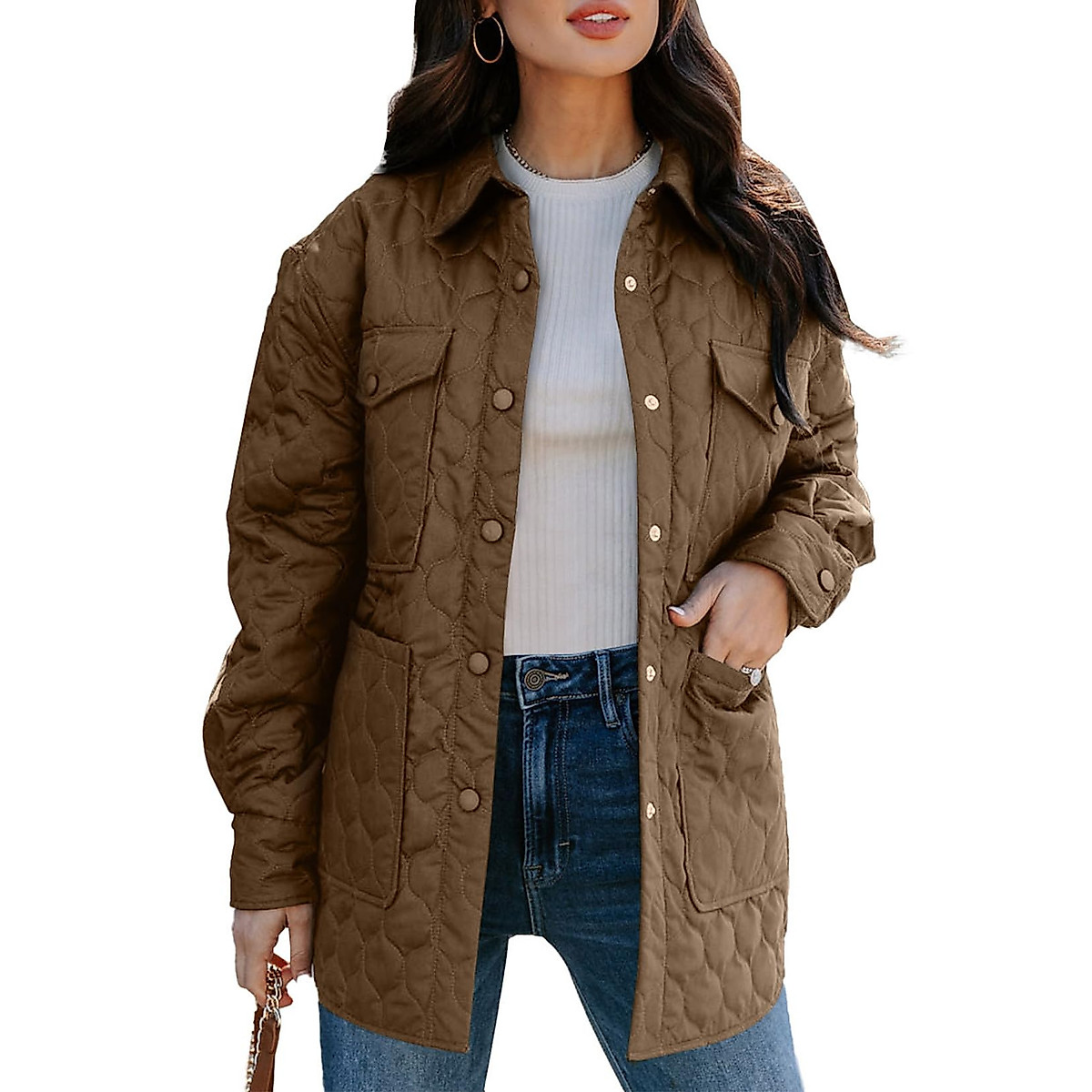 EVALESS Diamond Quilted Jackets for Women Lightweight Collar Long Sleeve Button Down Puffer Jacket Fall 2024 Coat Outerwear with Pockets Brown Medium