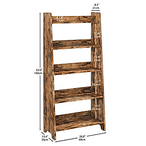 IRONCK Bookshelf and Bookcase, Industrial 5 Tier Wood Ladder Shelf, for Home Office, Living Room, Bed Room, Vintage Brown