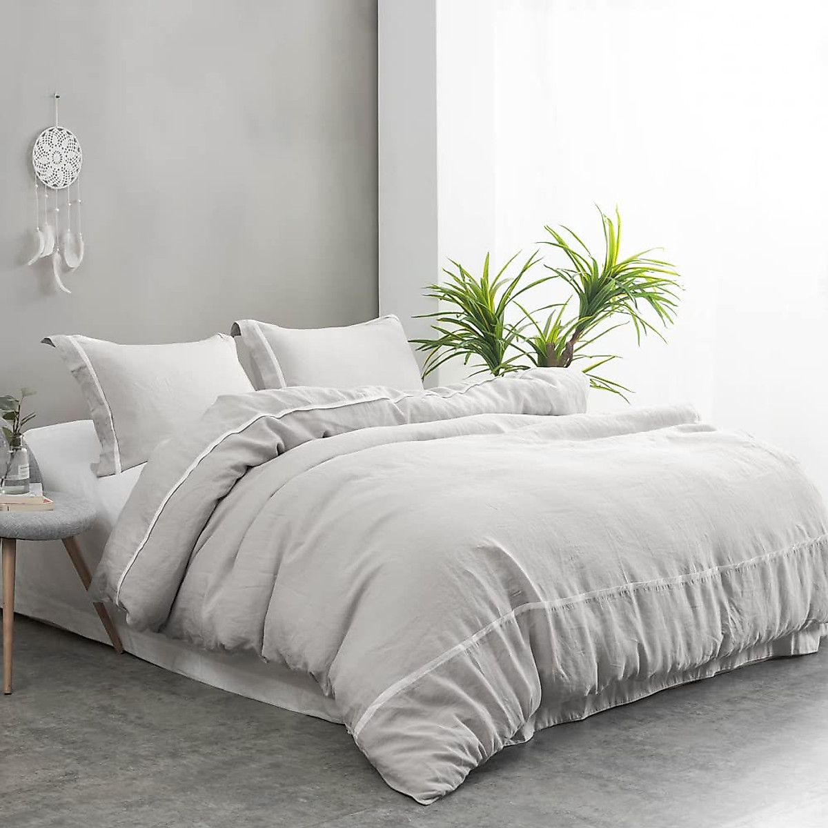 Simple&Opulence 100% Linen Duvet Cover Set Comforter King Size (104" x 92")-3pcs French Washed Flax Textured Soft Bedding with Striped Detail, 1 Duvet Cover and 2 Pillowcases (Grey)