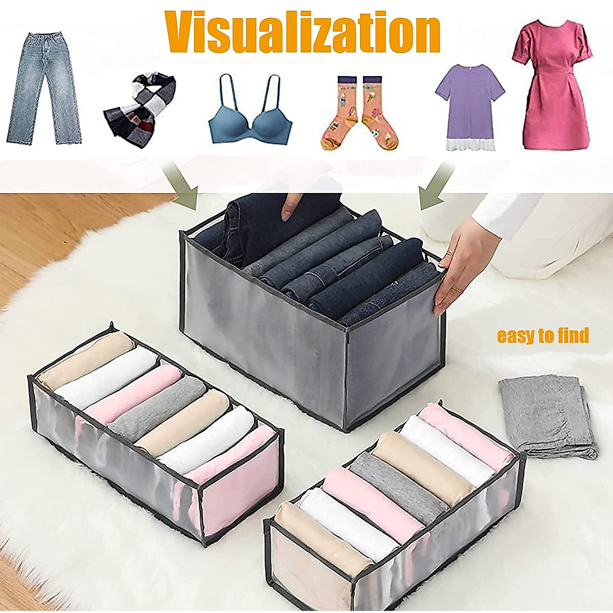 3PCS Washable Wardrobe Clothes Organizer,7 Grids Foldable Visible Closet Organizer Clothes Drawer Mesh Separation Box for T-shirt,Legging,Skirts,Jeans,Kid Clothes