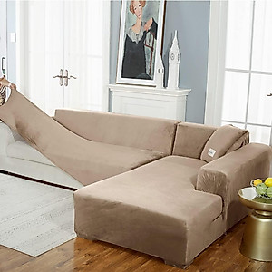 EFELIM Velvet L Shape Couch Cover Sectional Sofa Slipcover, Stretch 1 2 3 Seat Sofa Covers Soft Chaise Cover Furniture Protector for Dogs Pets (Blue,L Shape:4 Seater+3 Seater)