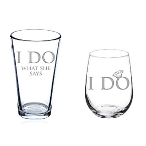 MIP Brand Set of 2 Glasses Stemless WINE & Beer PINT Glass I Do What She Says Bride Groom Wedding Engagement