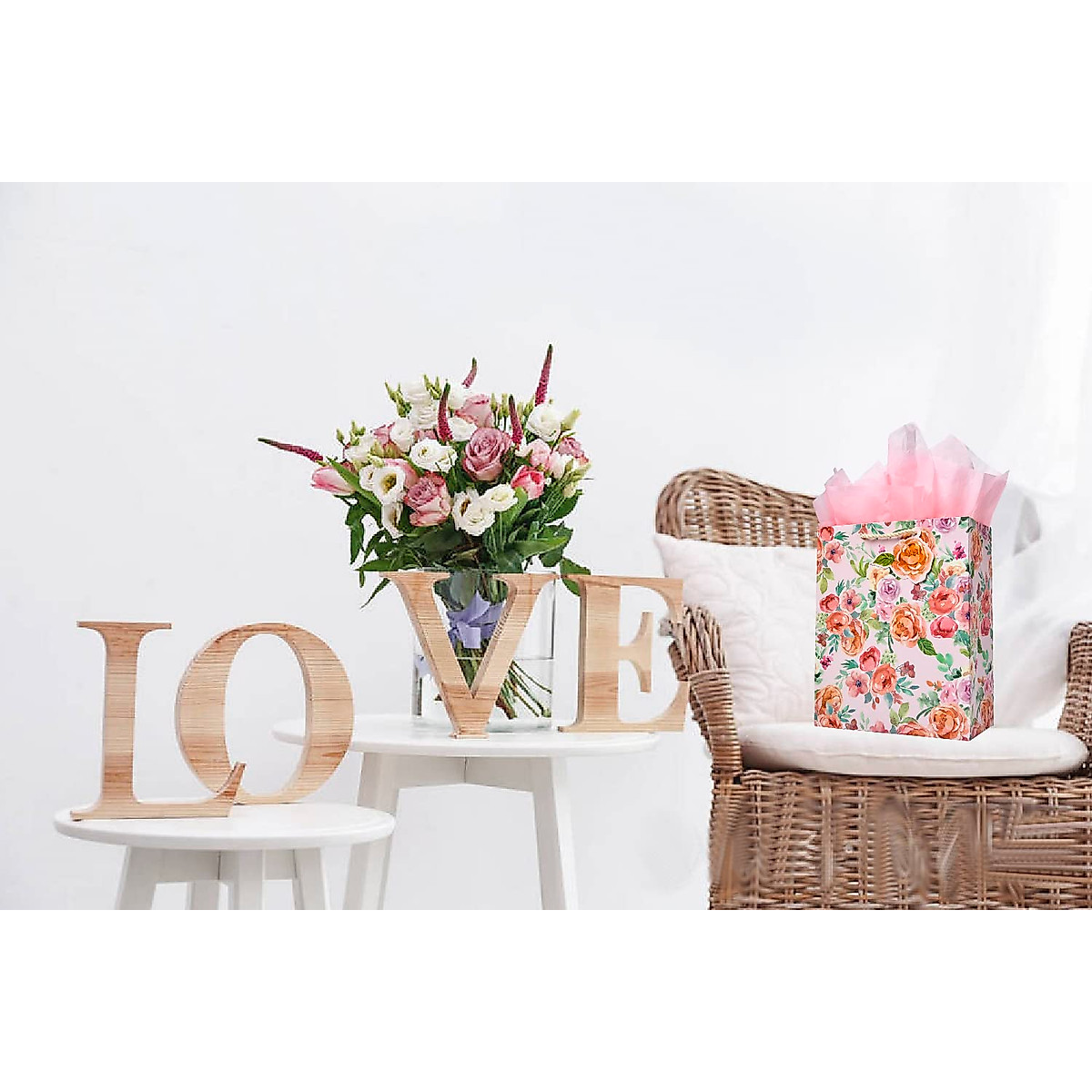 Elephant-package 12.6" Large Flower Gift Bag with Tissue Paper and greeting card, for Girls Women Birthday Gift Packing, Mothers Day, Valentine's Day, Bridal Shower, (Pink Rose)