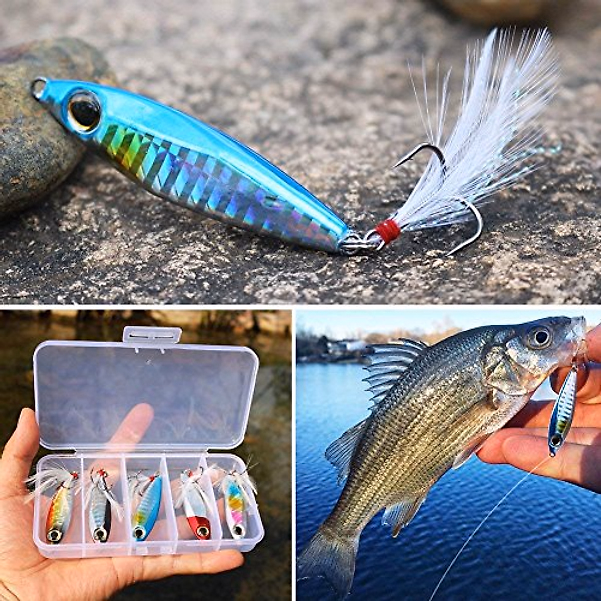 Sougayilang Jigs Fishing Lures Sinking Metal Spoons Micro Jigging Bait with Treble Hook for Saltwater Freshwater Fishing-A-2.56in/1.16oz-5PCS with Box
