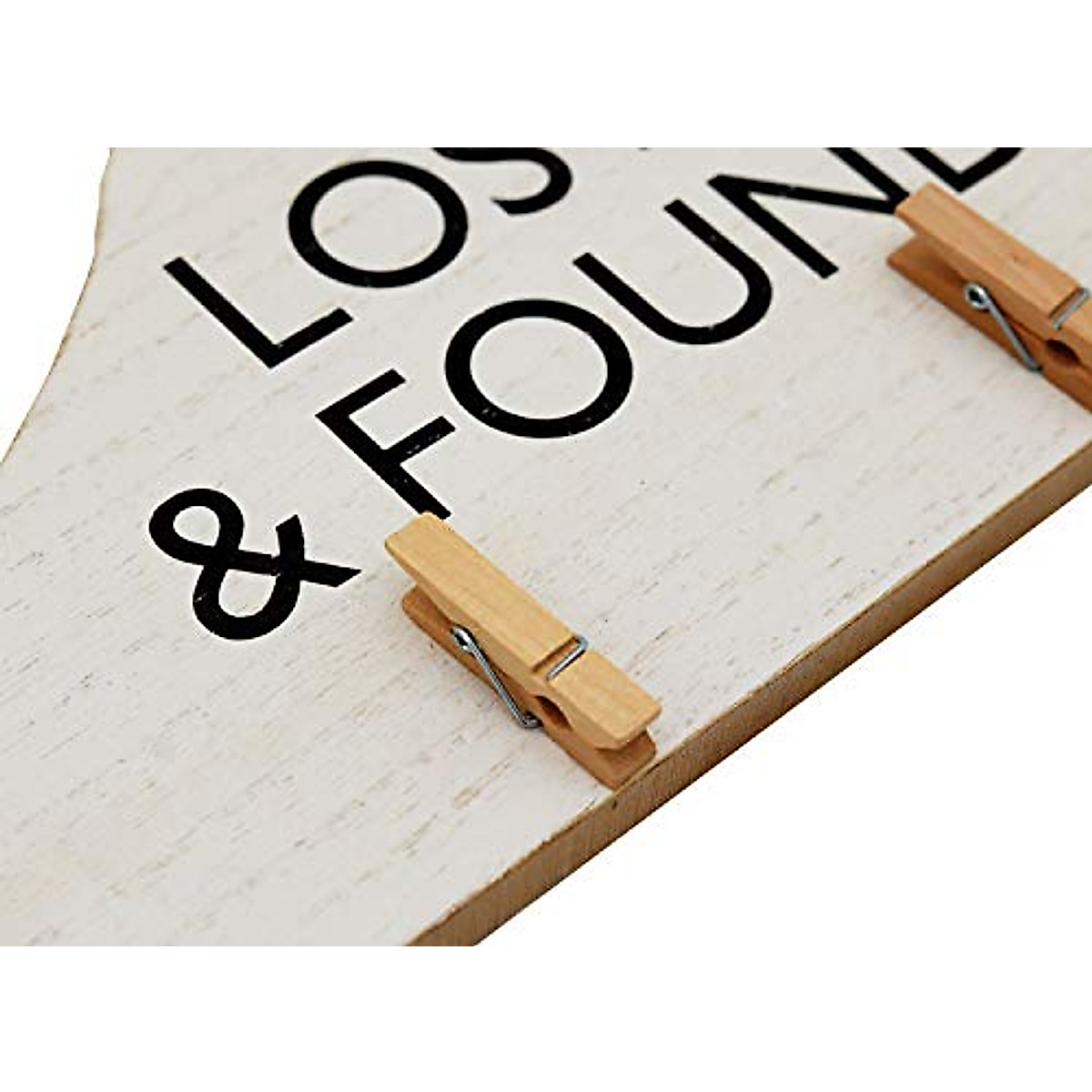 Lost & Found Wood Laundry Room Wall Decor with 4 Natural Wood Clips, Decorative and Functional Clothes-Hanger Shaped Laundry Room Organizer for Socks, Whitewashed, 13.4" W x 6.1" H