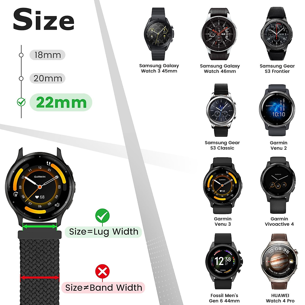 22mm Braided Solo Loop Band Quick Release Compatible with Samsung Galaxy Watch 3 45mm/Galaxy Watch 46mm/Gear S3 Frontier/Classic/Garmin Venu 3/Venu 2/Vivoactive 4/Fossil Gen 6 44mm Bands Women Men