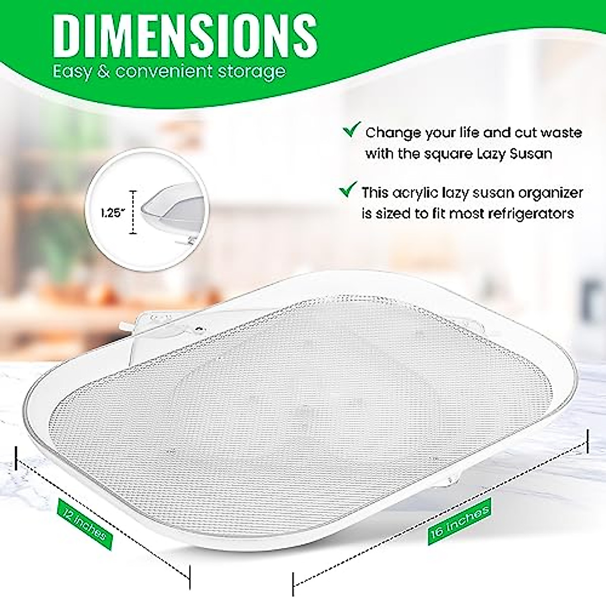 Axiom Creations Space Organizer Tray - Rectangular Rotating Lazy Susan for Refrigerator, Pantry, Kitchen Cabinets - Clear, Zero BPA Turntable Caddy for Bottles, Cans, Food - 16" x 12" x 1.25"