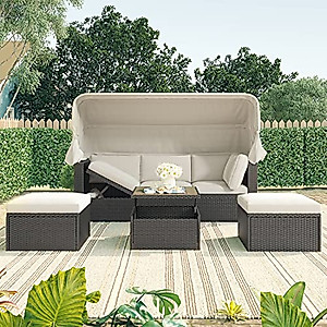 Merax 4 Pieces Outdoor Patio Rattan Daybed with Retractable Canopy, UV-Proof Resin Wicker Patio Sofa Set with Washable Beige Cushions and Lifting Table