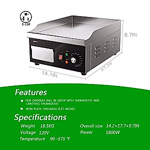 TOPKITCH Electric Griddle, 14 Inch Flat Top Grill Commercial Electric Griddles Stainless Steel Adjustable Temperature Control 90℉-575℉ for Home or Restaurant Use