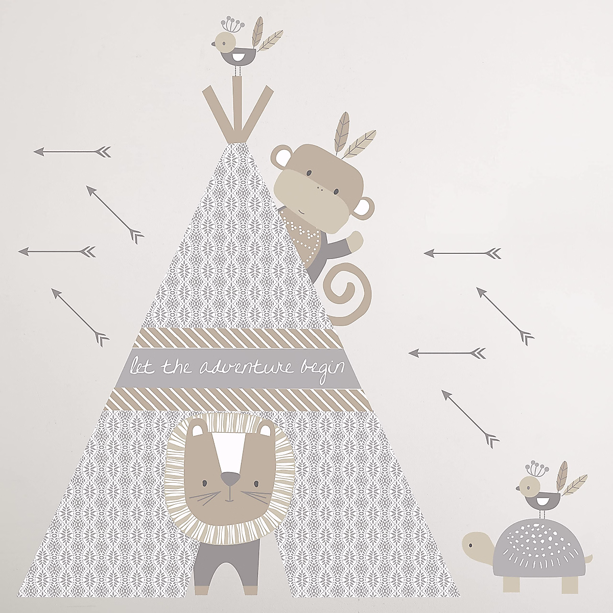 Levtex Baby - Kenya Baby Bed Set - Grey and Taupe - Jungle Animal - 5 Piece Set Includes Reversible Quilt, Fitted Sheet, Dust Ruffle, Hamper, Wall Decals