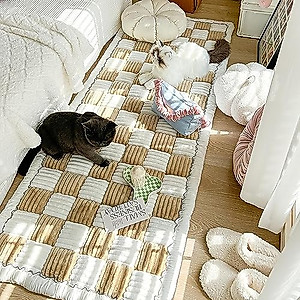 Cream-Coloured Large Plaid Square Pet Mat Bed Couch Cover, Cosy Plush Couch Cover Non Slip Floral for Pets Dogs Bed (Style-4, 27.6x59.06 in)