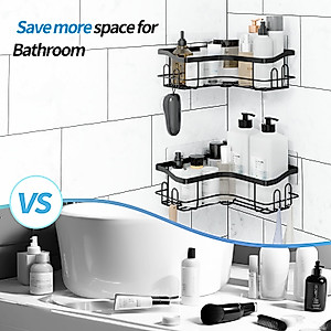 Adhesive Shower Shelves, 2 Pack Large Capacity Hanging Shower, Rustproof No Drilling Home Decor Shelf for Bathroom Storage, Bathroom Shower Shelves Organizers (Black-Triangle-Two)