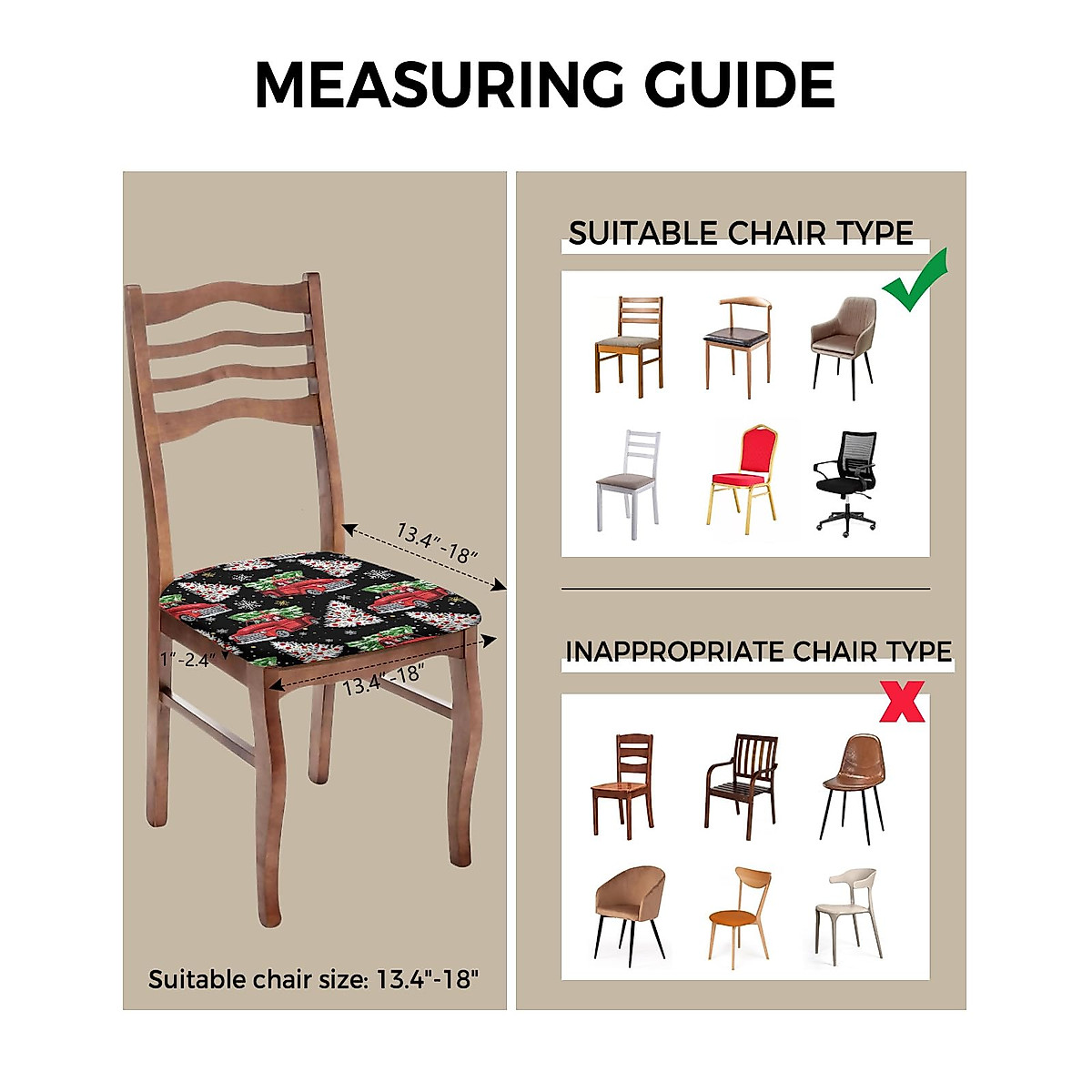 ZOE GARDEN Christmas Red Car Chair Seat Covers for Dining Room Stretch Chair Seat Covers Set of 4, Chair Seat Protector Cushion Slipcovers for Kitchen Restaurant Office Xmas Pine Tree Snowflake Black