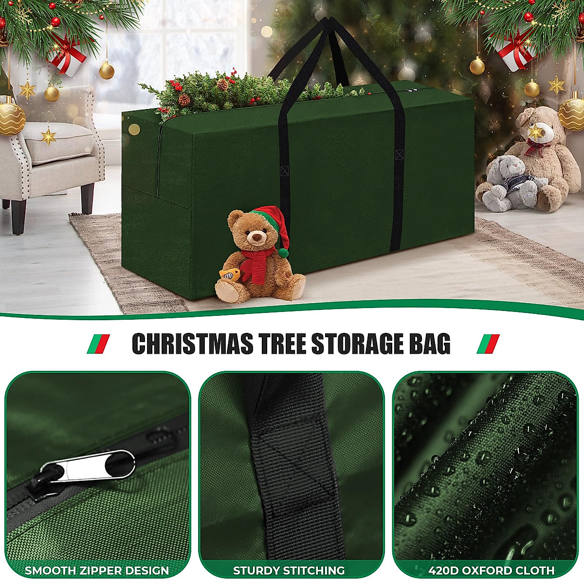skyfiree Christmas Tree Storage Bag Fits Up to 12 Ft Tall Artificial Disassembled Trees, Heavy Duty 420D Waterproof Christmas Tree Bag Extra Large Xmas Tree Bag with Handles & Zipper (Green)