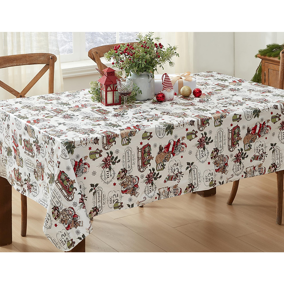 Newbridge Vintage Nostalgia Home for Holidays Print Flannel Back Vinyl Christmas Tablecloth - Vintage Santa Claus, Snowman and Sleigh Xmas Wipe Clean Easy Care Tablecloth, 60” x 120” Oblong/Rectangle