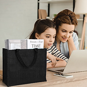 10 Packs Black Burlap Tote Bags Wedding Jute Tote Gift Bags Burlap Bags with Handles Large Blank Reusable Shopping Tote Kitchen Reusable Grocery Bags for Bridesmaid DIY Craft, 15.35 x 5.91 x 12.2 Inch